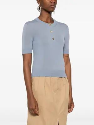 Celine Triomphe Embroidered Fine Wool Crew Neck Sweater - Light Blue
