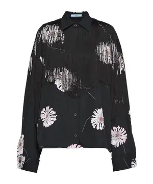 Prada Rose-printed Long-sleeved Fringed Shirt