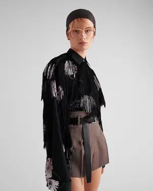Prada Rose-printed Long-sleeved Fringed Shirt