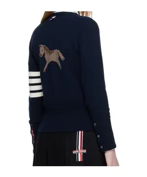 Thom Browne 4-bar Knitted Cardigan With Dog Embroidery