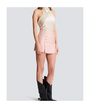 Balmain Sequinned Tweed Mini Skirt With Fringed Hem
