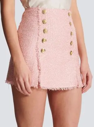 Balmain Sequinned Tweed Mini Skirt With Fringed Hem