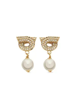 FERRAGAMO Crystal Logo Pearl Drop Earrings - Golden