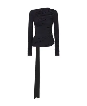 Attico Knitted Asymmetric Draped Long Sleeve Top With Skirt Detail - Black