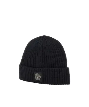 Stone Island Logo Patch Beanie Hat - Black