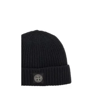 Stone Island Compass Patch Ribbed Beanie - Black