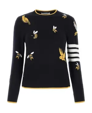 Thom Browne Animal Embroidered Crew Neck Jumper With Button Detail