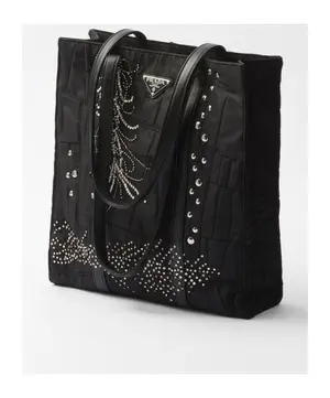 Prada Medium Re-nylon Patchwork Tote Bag With Embroidery And Studs