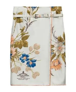 Prada Floral Printed Belted Midi Skirt - Water Green