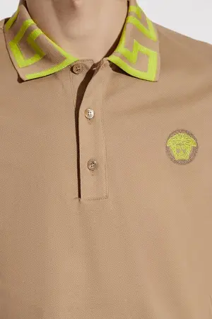Versace Medusa Embroidered Short Sleeved Polo Shirt - Nude