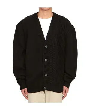 FAMILY FIRST V-neck Long-sleeve Sweater With Ribbed And Cable Knit Details