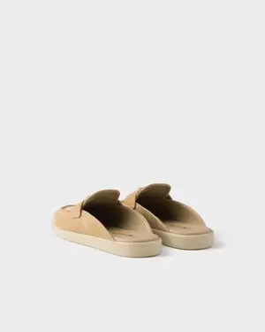 Prada Suede Mules With Enamel Triangle Logo - Off White