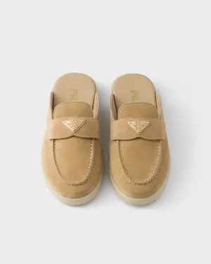 Prada Suede Mules With Enamel Triangle Logo - Off White