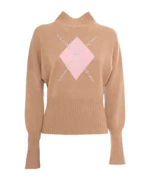 Max Mara High Neck Long-sleeved Jumper With Embellished Logo Detail - Nude