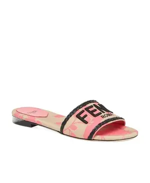 Fendi Flat Slides With Floral Motif And Logo Detail - Nude