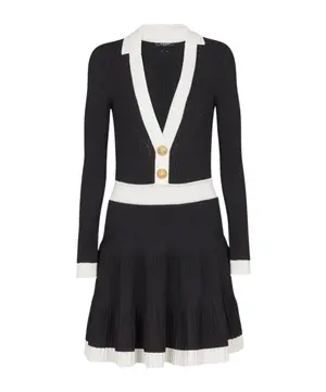 Balmain Long Sleeve V-neck Flare Knit Dress - Black