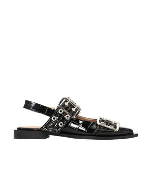 GANNI Embossed Patent Feminine Buckle Ballerinas - Black