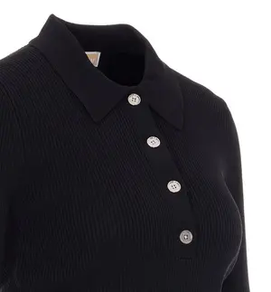 Michael Kors Ribbed Knit Long Sleeve Polo Shirt - Black