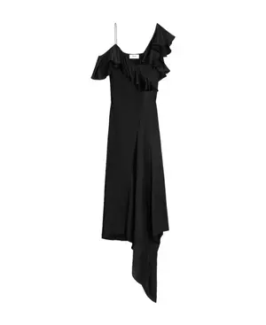 Celine Asymmetric Ruffled Satin Crepe Dress - Black