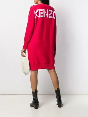 Kenzo V-neck Logo Knit Dress - Red