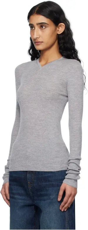 Khaite Tania Ribbed V-neck Long Sleeve Top - Mercury