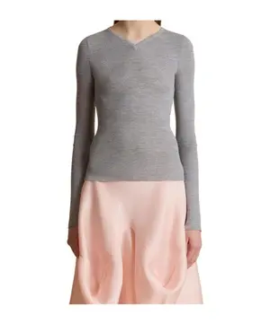 Khaite Tania Ribbed V-neck Long Sleeve Top - Mercury
