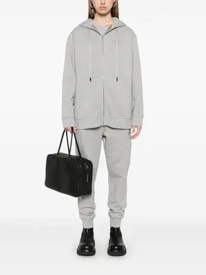 Fendi Logo Embroidered Zip-up Drawstring Hoodie - Grey