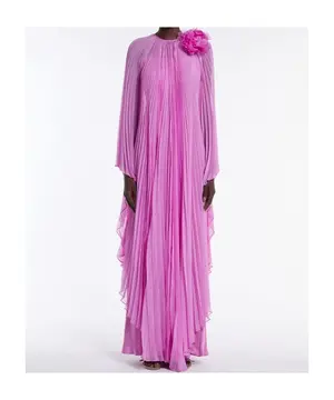 Max Mara Pleated Chiffon Maxi Dress With Floral Brooch