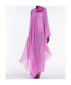 Max Mara Pleated Chiffon Maxi Dress With Floral Brooch