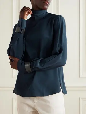 Brunello Cucinelli High Neck Long Sleeve Blouse - Blue