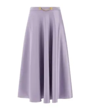 Elisabetta Franchi Duchess Satin Midi Skirt With Logo Chain Detail - Lavender