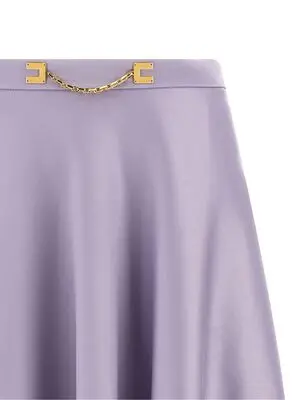 Elisabetta Franchi Duchess Satin Midi Skirt With Logo Chain Detail - Lavender
