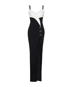 Balmain Two-tone Long Crepe Gown With Decorative Buttons