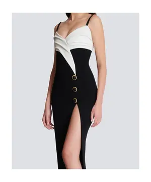 Balmain Two-tone Long Crepe Gown With Decorative Buttons