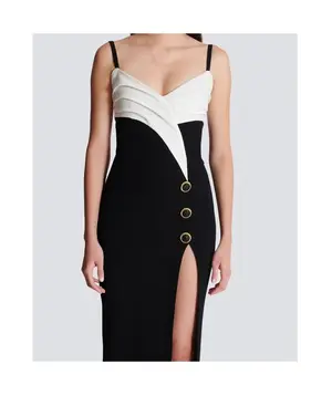 Balmain Two-tone Long Crepe Gown With Decorative Buttons