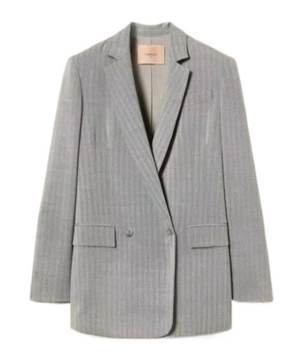 TWINSET Double-breasted Pinstriped Blazer - Light Gray