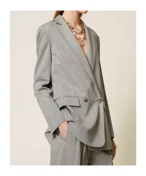 TWINSET Double-breasted Pinstriped Blazer - Light Gray