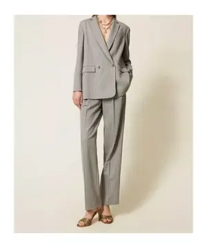 TWINSET Double-breasted Pinstriped Blazer - Light Gray
