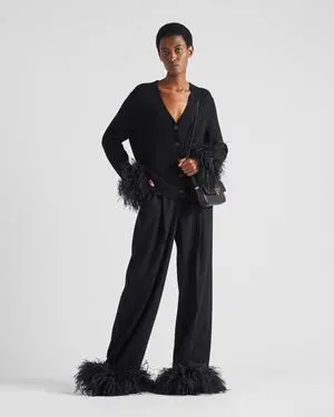 Prada Feather-trimmed Wide-leg Trousers - Black