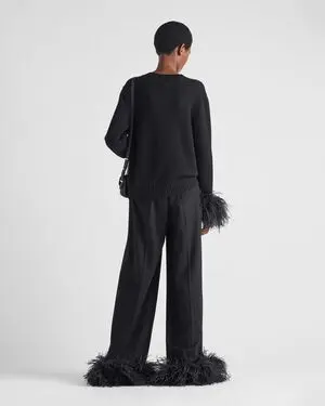 Prada Feather-trimmed Wide-leg Trousers - Black