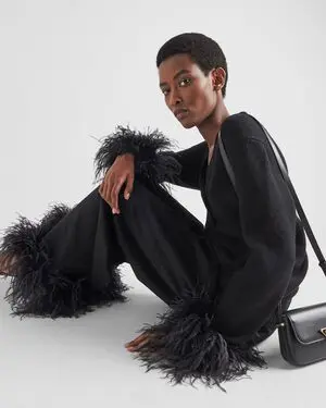 Prada Feather-trimmed Wide-leg Trousers - Black