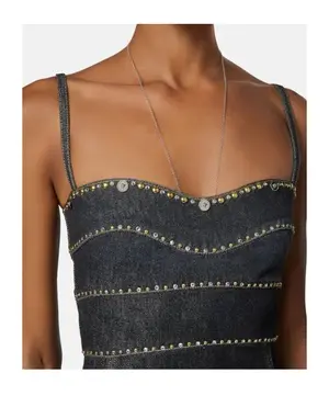 Versace Embellished Denim Fitted Midi Dress
