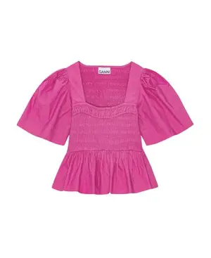 GANNI Square Neck Puff Sleeve Smocked Peplum Top