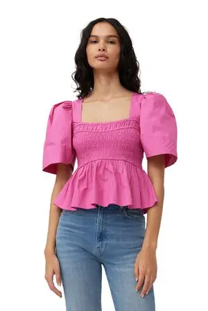 GANNI Square Neck Puff Sleeve Smocked Peplum Top