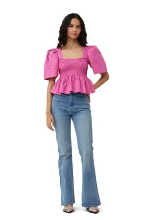 GANNI Square Neck Puff Sleeve Smocked Peplum Top