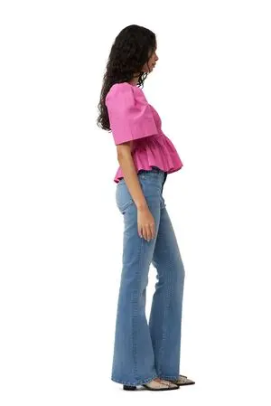 GANNI Square Neck Puff Sleeve Smocked Peplum Top