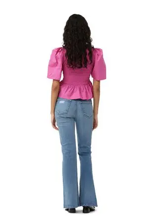 GANNI Square Neck Puff Sleeve Smocked Peplum Top