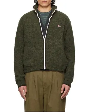 DRAKE'S LONDON Green Boucle Wool Zip Fleece Jacket