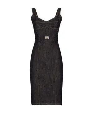 Dolce & Gabbana Sleeveless Midi Denim Dress With Logo Plaque - Black