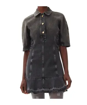 GANNI Denim Mini Dress With Frayed Hem